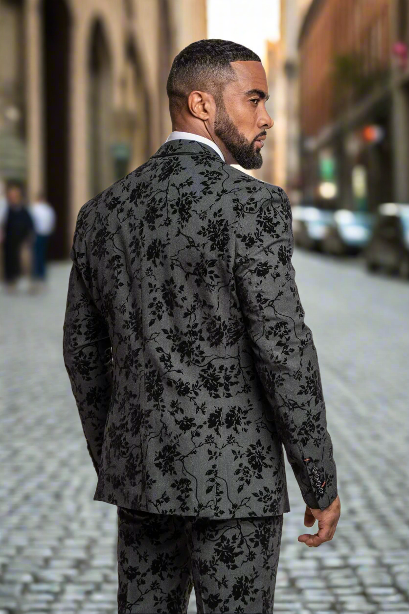 Cavani | Cavani Georgi Floral 3 Piece Black Red Carpet Suit - MENSWEARR ...