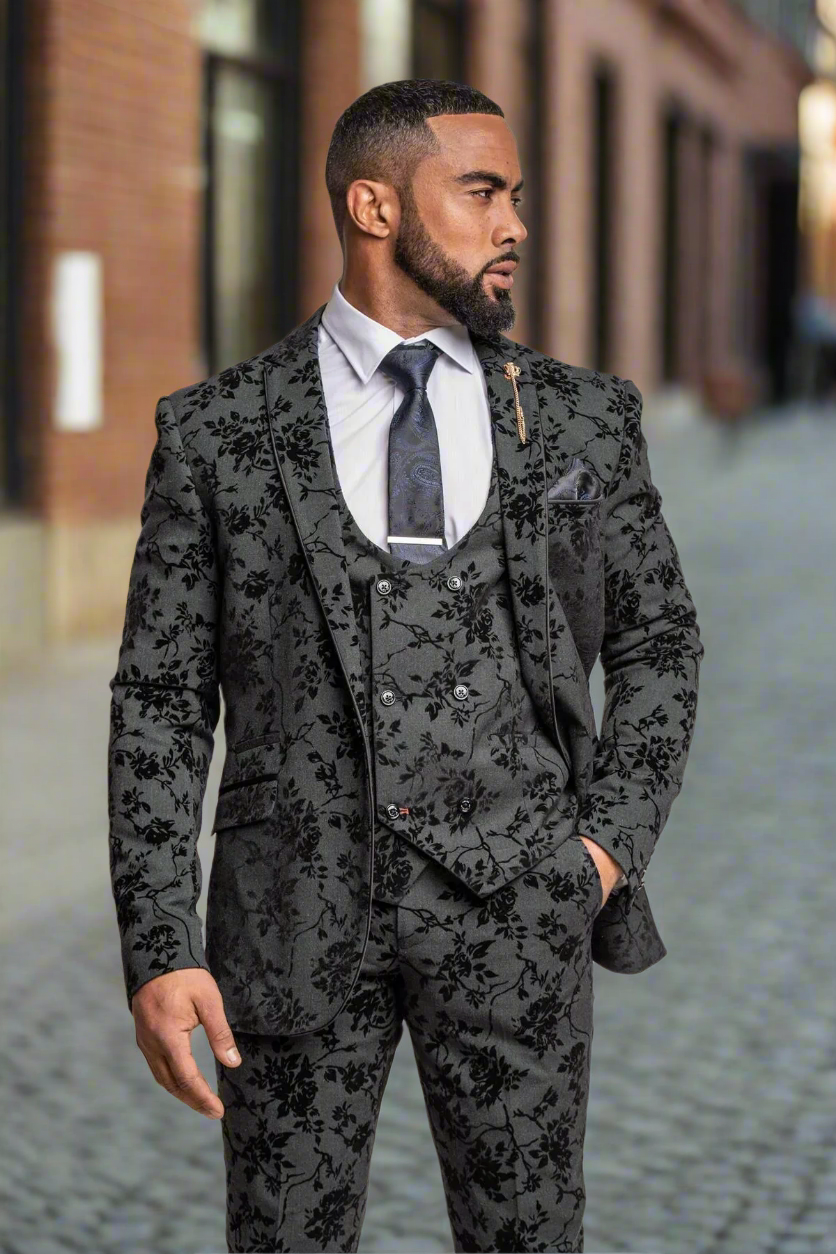 Cavani | Cavani Georgi Floral 3 Piece Black Red Carpet Suit - MENSWEARR ...