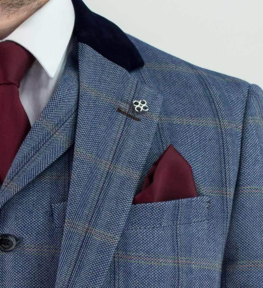 Tweed Blue Suit Connall Blue 3 Piece Slim Fit Check - MENSWEARR.COM