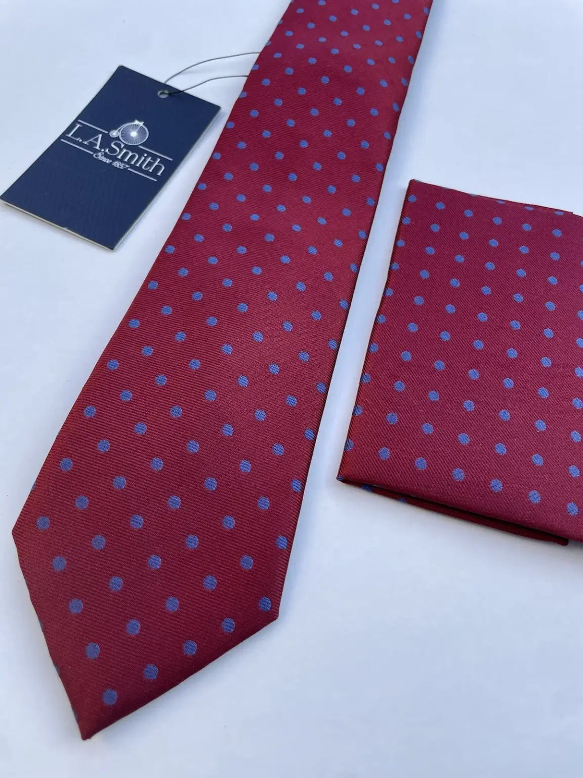 LA Smith Wine Blue Spot Poly Tie & Hank Set - MENSWEARR.COM
