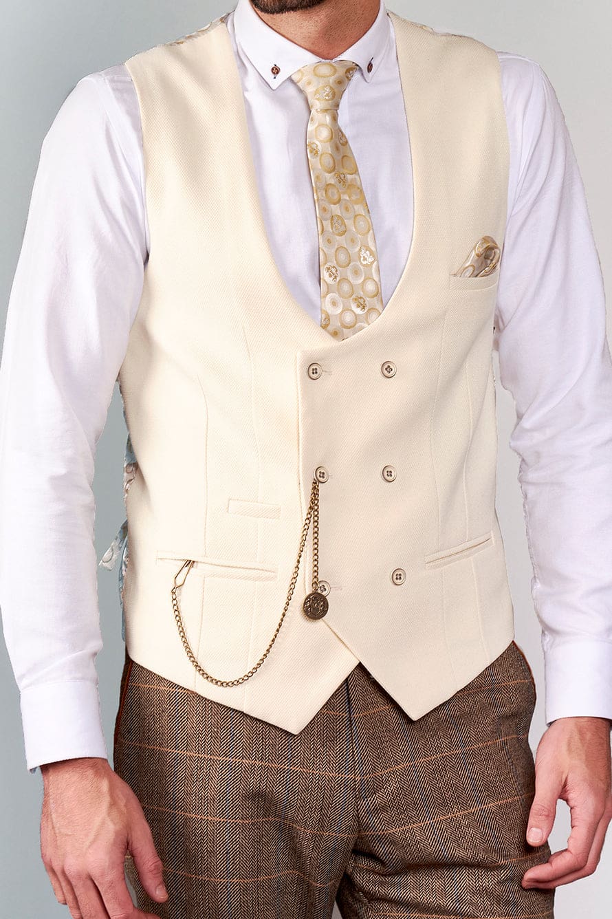 Marc Darcy Kelvin Men's Cream Double Breasted Waistcoat - MENSWEARR.COM