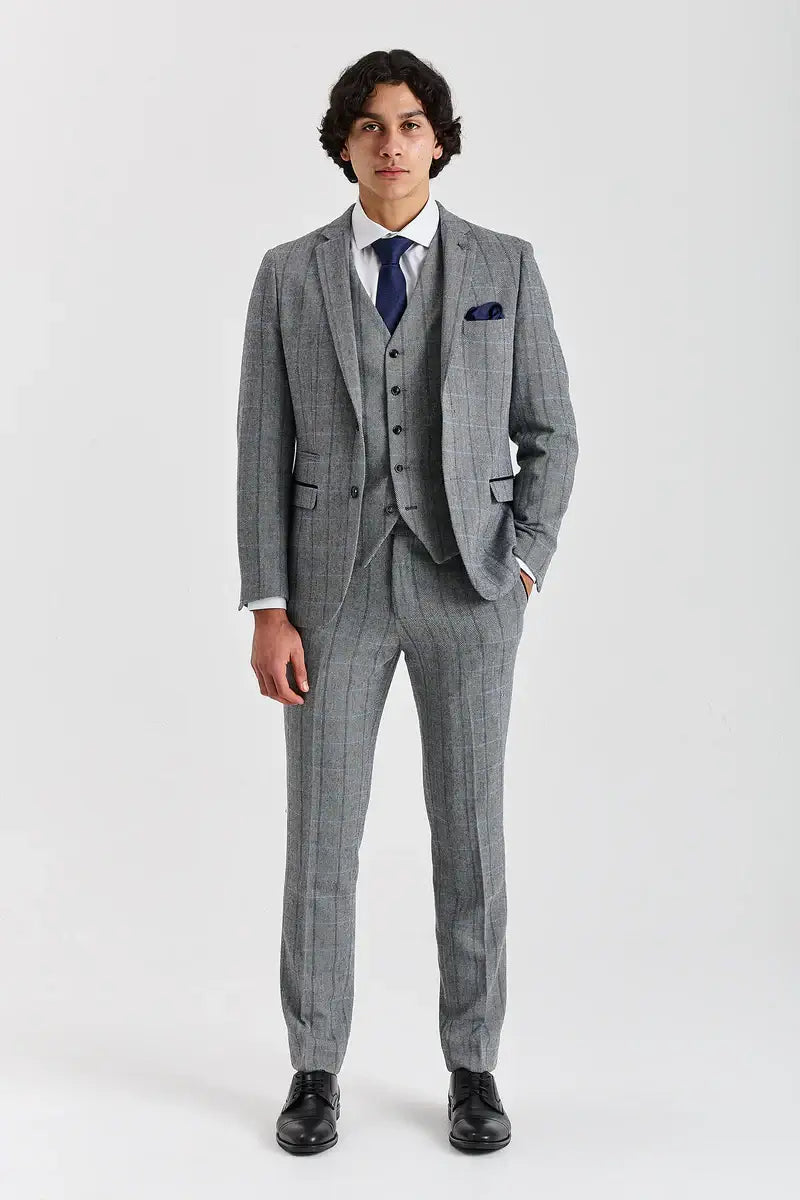 Paul Andrew Harris Grey Herringbone Tweed Check 3 Piece Suit ...