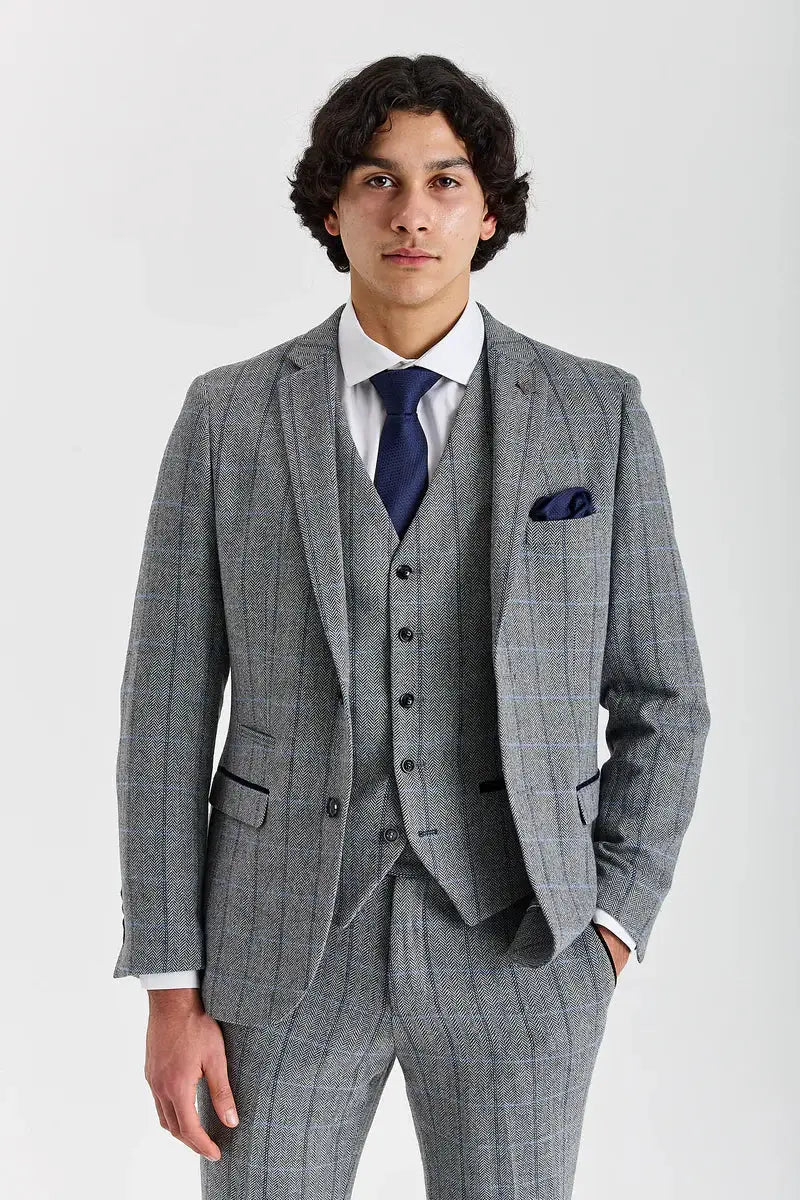 Paul Andrew Harris Grey Herringbone Tweed Check 3 Piece Suit ...