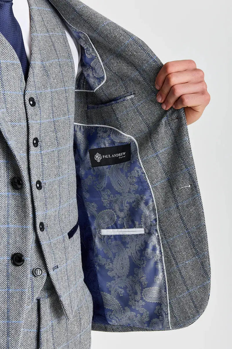 Paul Andrew Harris Grey Herringbone Tweed Check 3 Piece Suit ...