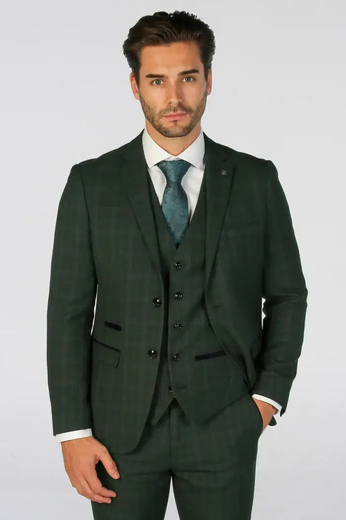 Paul Andrew Leo Men's 3 Piece Check Suit - Beige or Green - MENSWEARR.COM