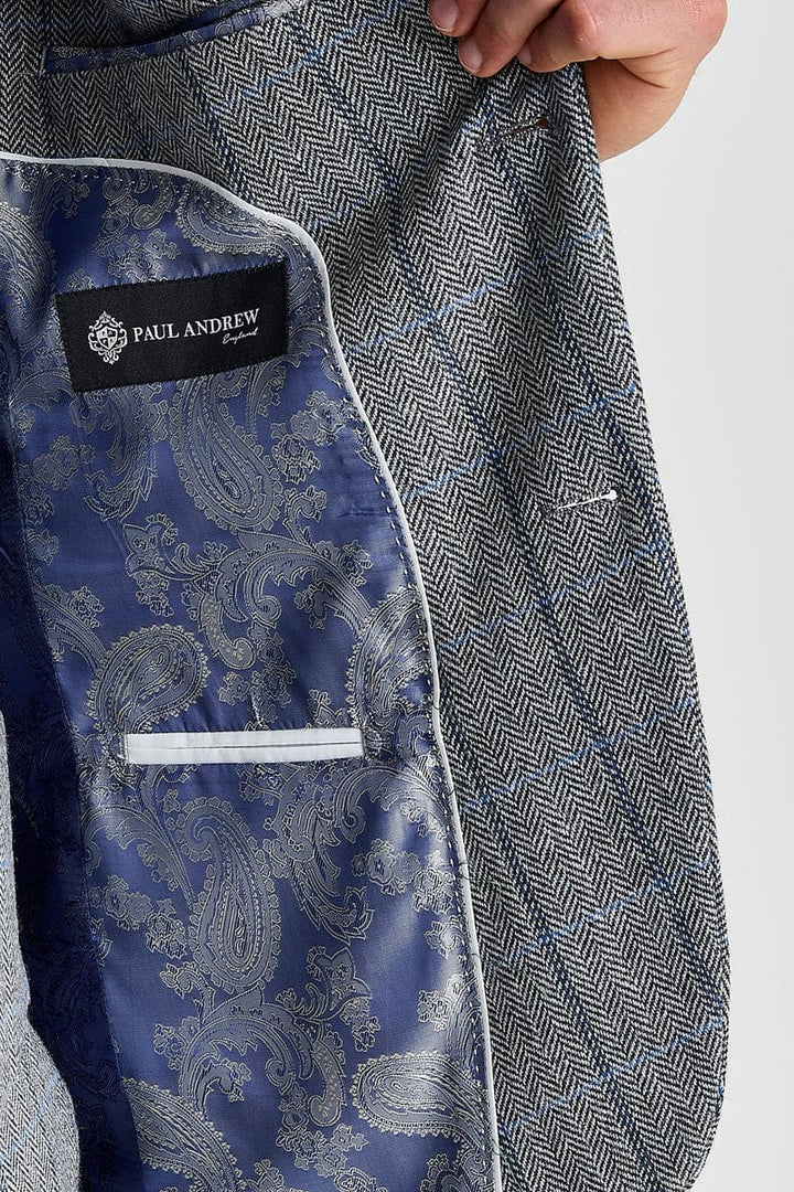 Paul Andrew Men's Grey Herringbone Tweed Check Blazer - MENSWEARR.COM