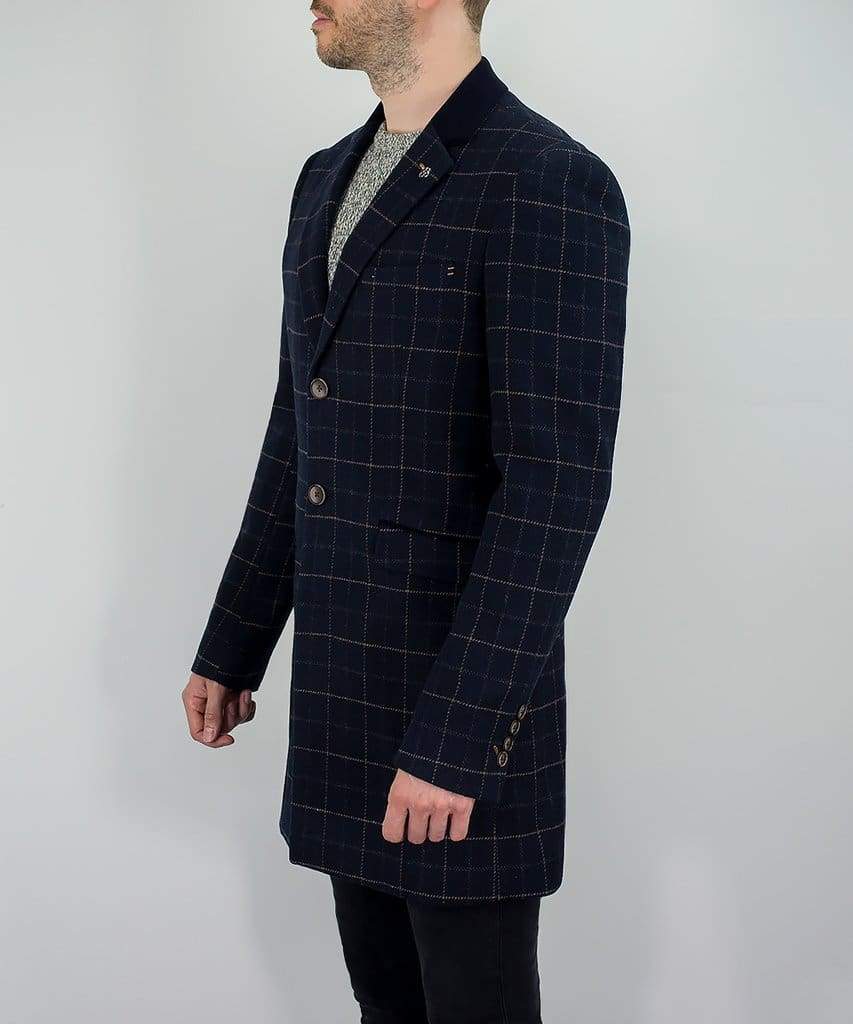 Cavani | Men's Cavani Shelby Navy Check Overcoat - MENSWEARR - House of ...