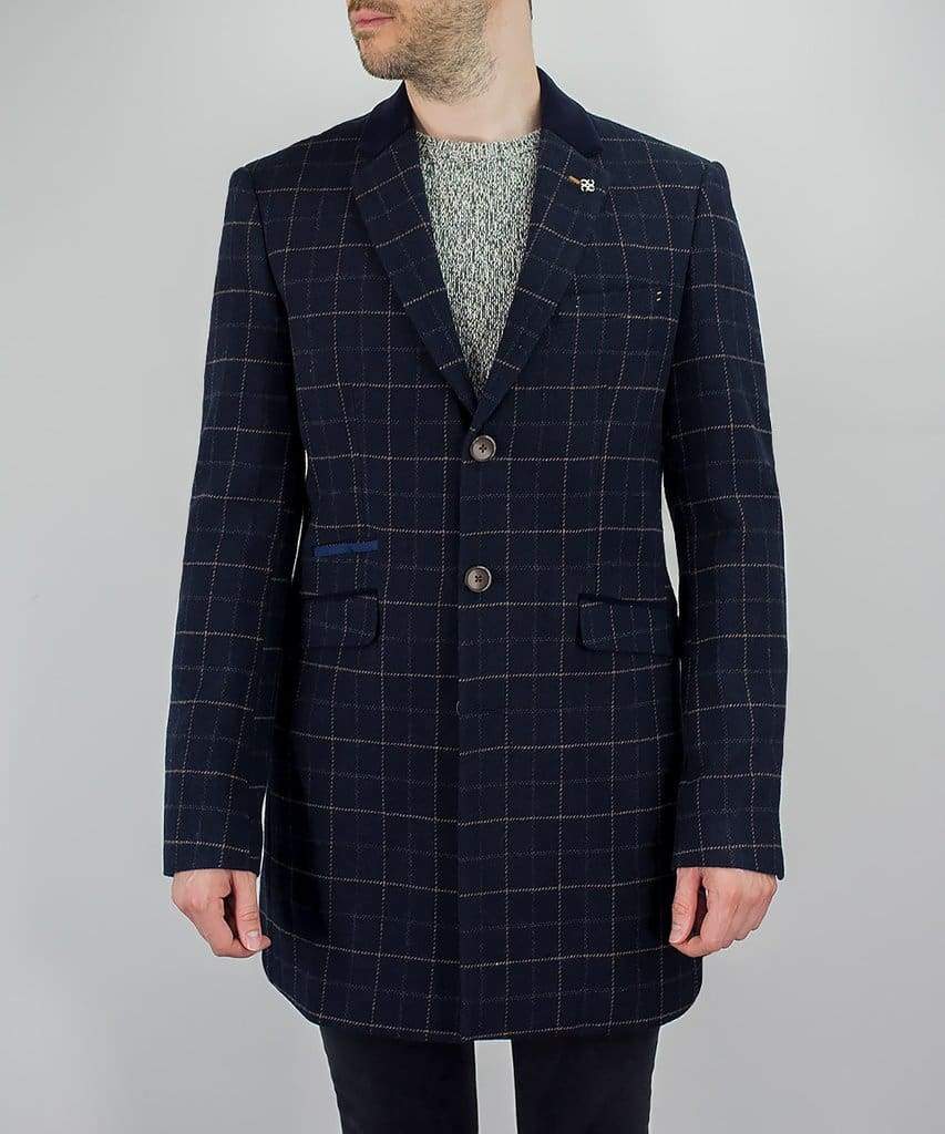 Cavani | Men's Cavani Shelby Navy Check Overcoat - MENSWEARR - House of ...
