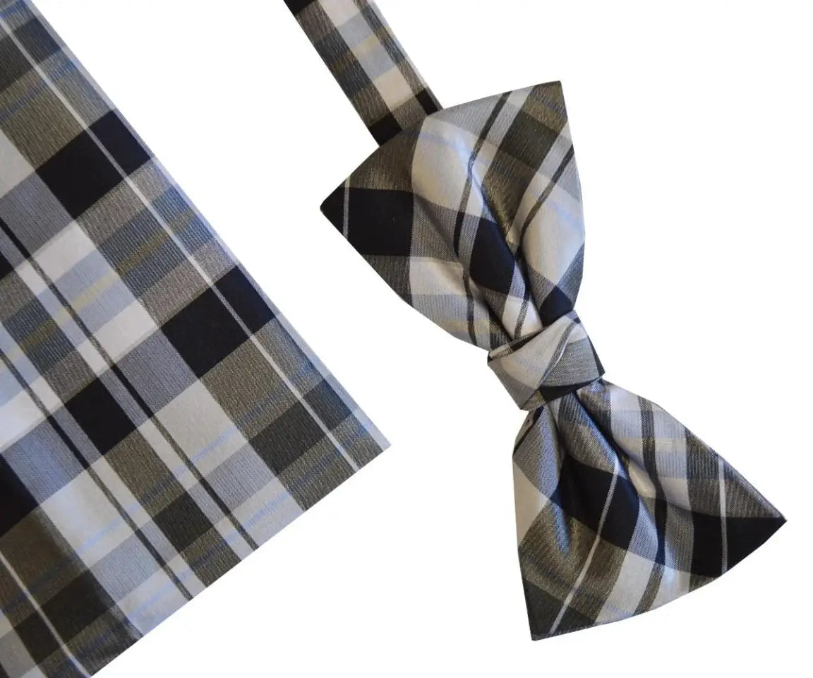LA Smith | L A Smith Blue And Grey Check Silk Bow Tie And Hank Set ...