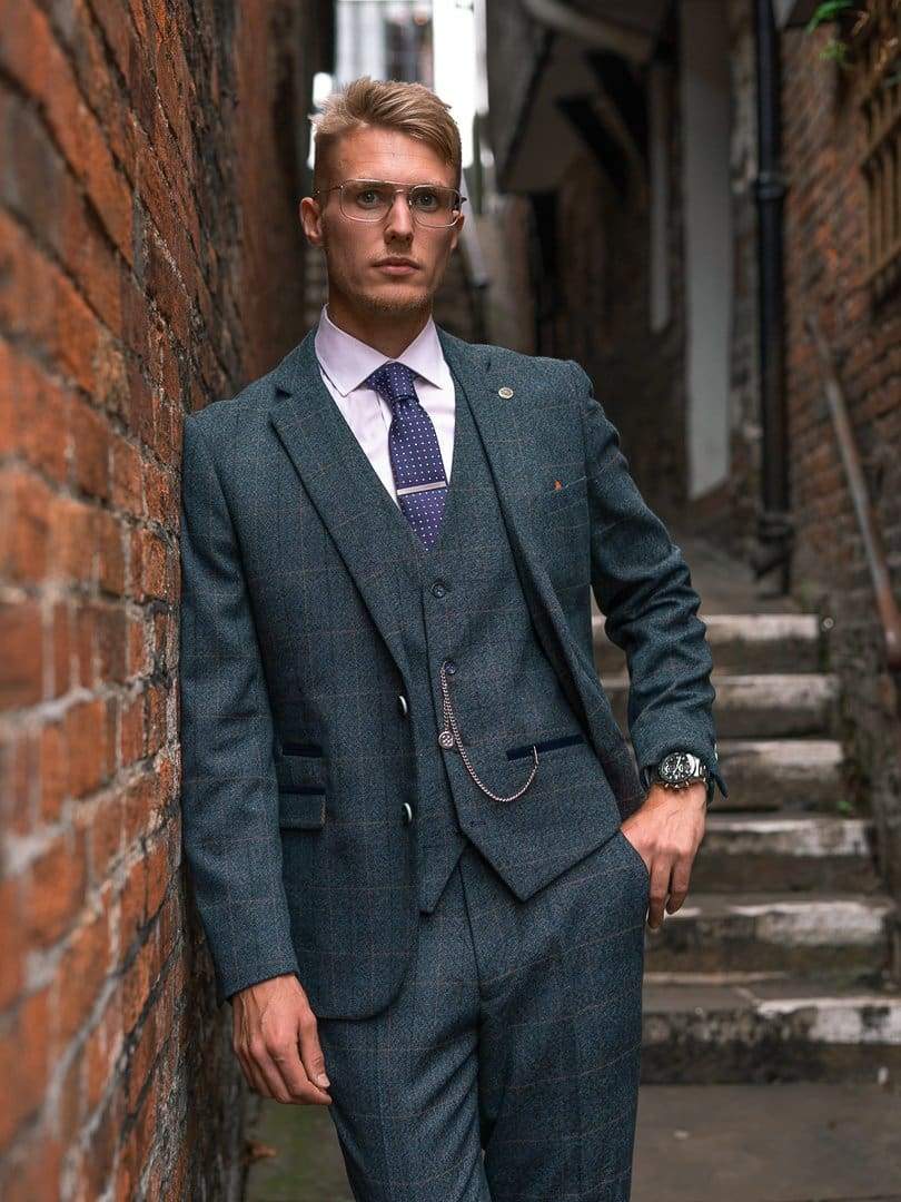 Marc Darcy | Marc Darcy Scott Blue Check Three Piece Suit - MENSWEARR ...