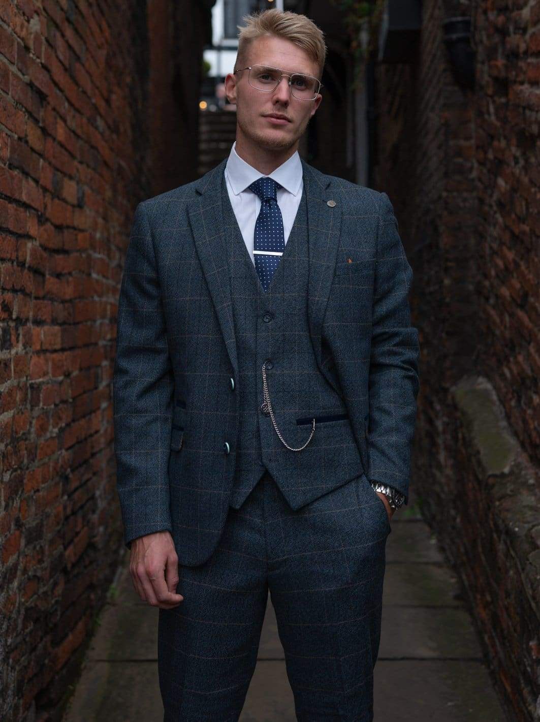 Marc Darcy | Marc Darcy Scott Blue Check Three Piece Suit - MENSWEARR ...