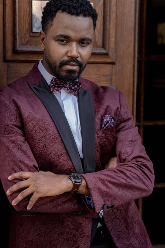 Simon Wine Velvet Tux Lapel Jacquard Blazer - MENSWEARR.COM