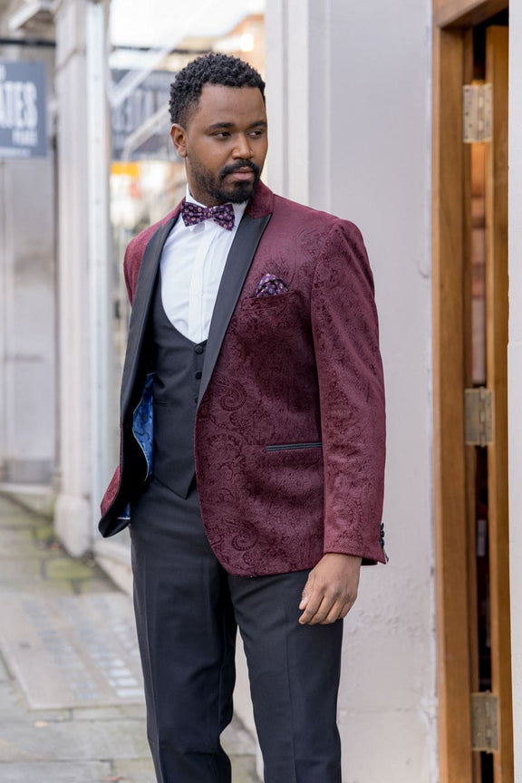 Simon Wine Velvet Tux Lapel Jacquard Blazer - MENSWEARR.COM