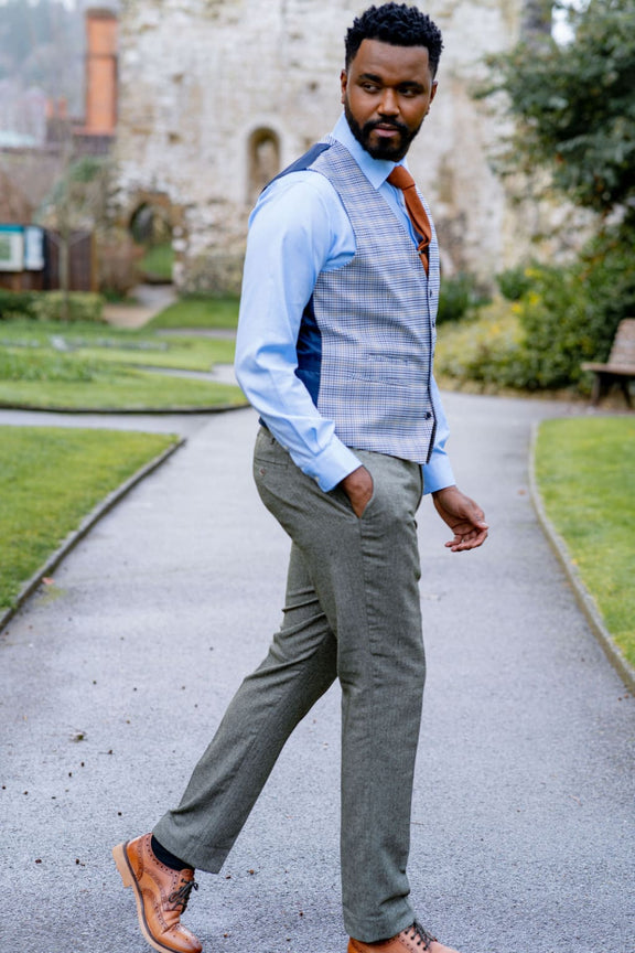 Skopes | Skopes Jude Sage Herringbone Tweed Tailored Trousers - MENSWEARR