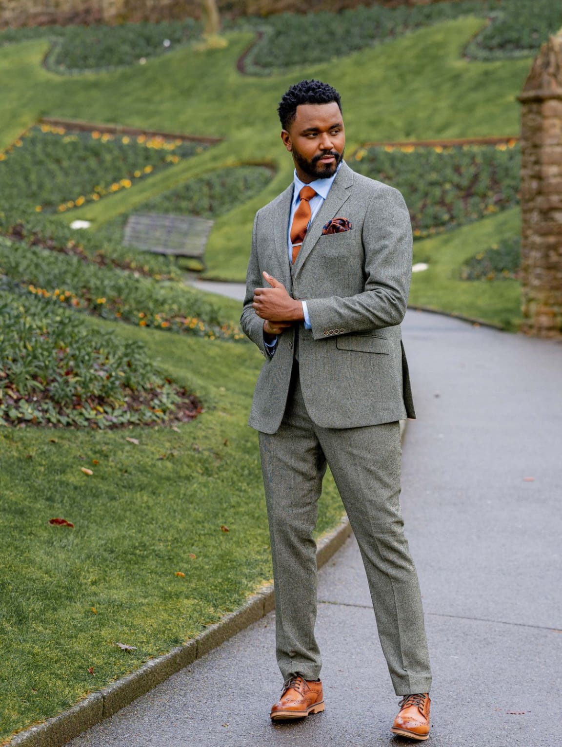 Skopes Jude Sage Herringbone Tweed Tappered Trousers - MENSWEARR.COM
